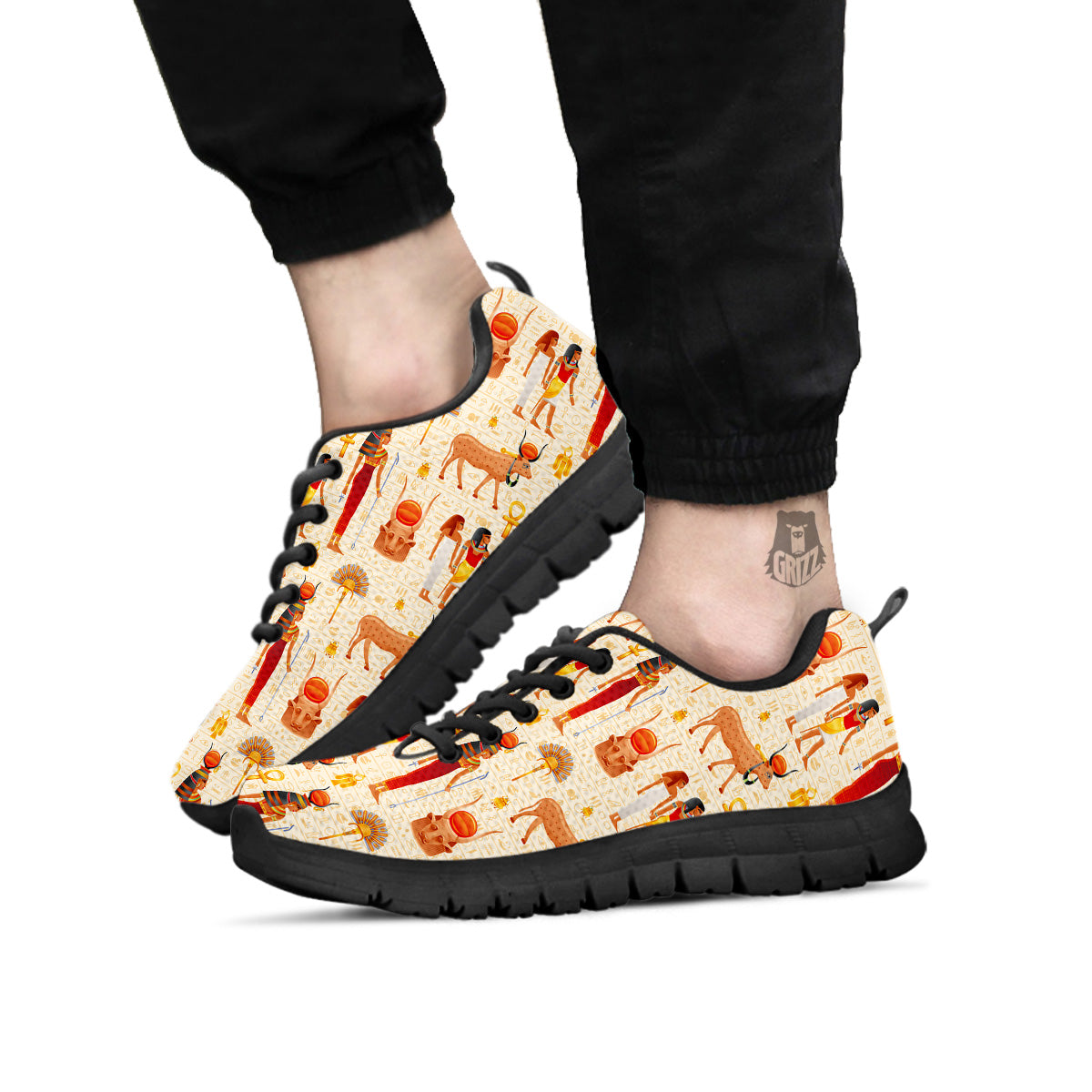 Egyptian Cow Hathor Goddess Print Pattern Black Sneaker
