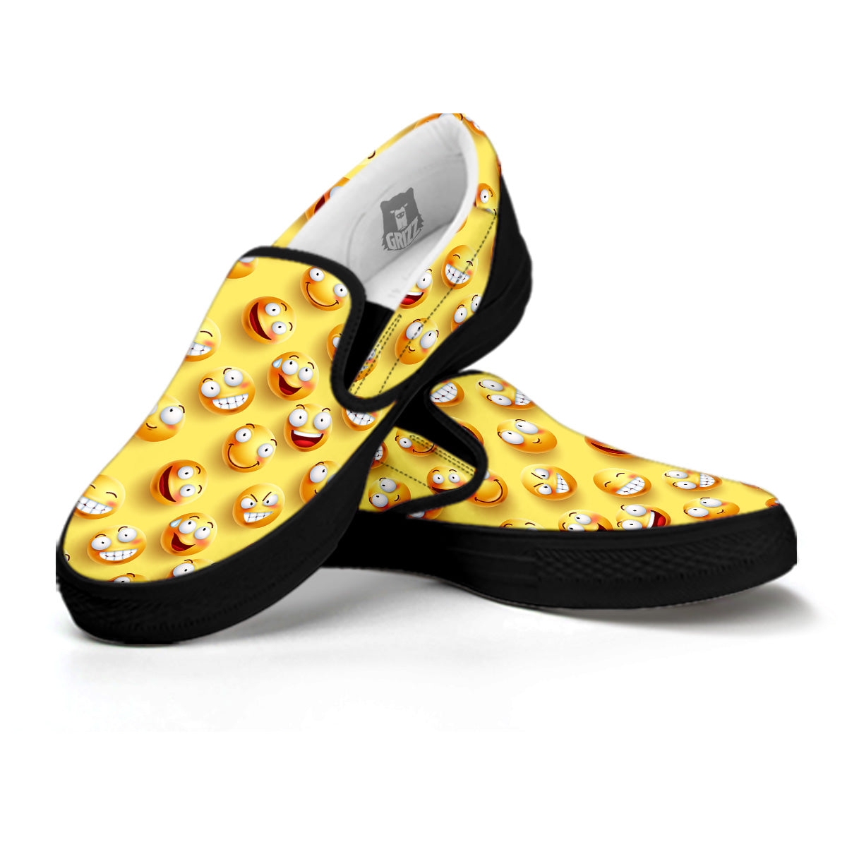 Emoji And Facial Expressions Print Pattern Black Slip On Shoes