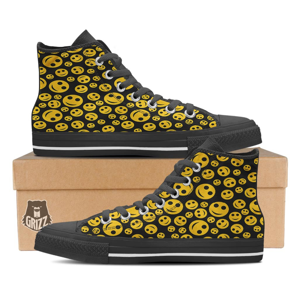 Emoji Smiley Faces Print Pattern Black High Top Shoes