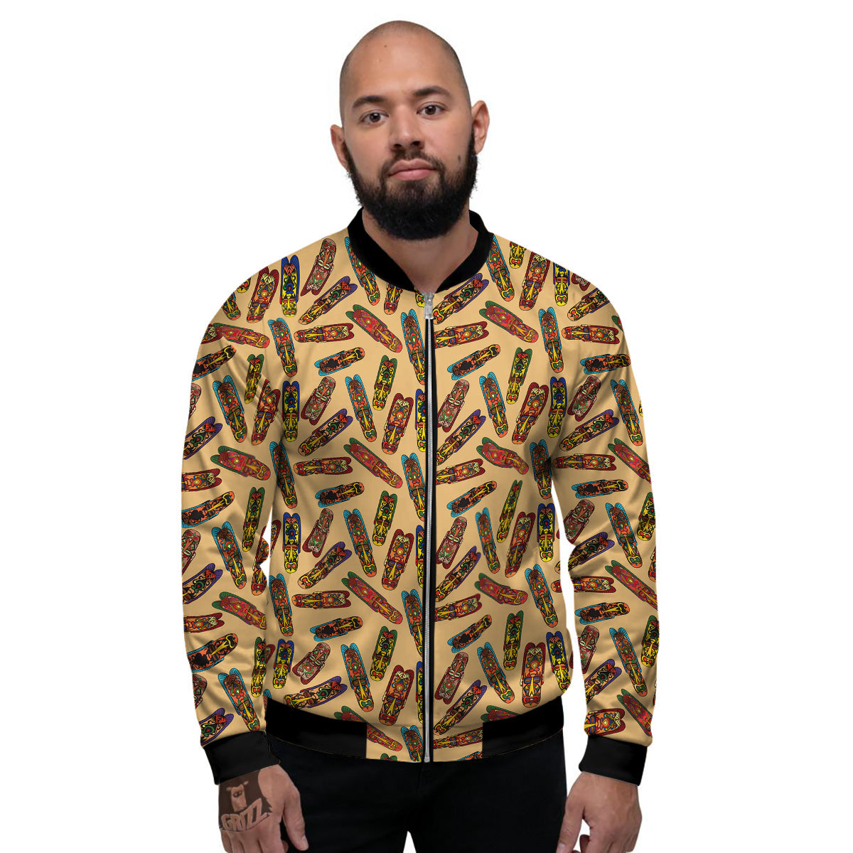 Ethnic Tribal Vintage Style African Mask Print Pattern Men's Bomber Ja