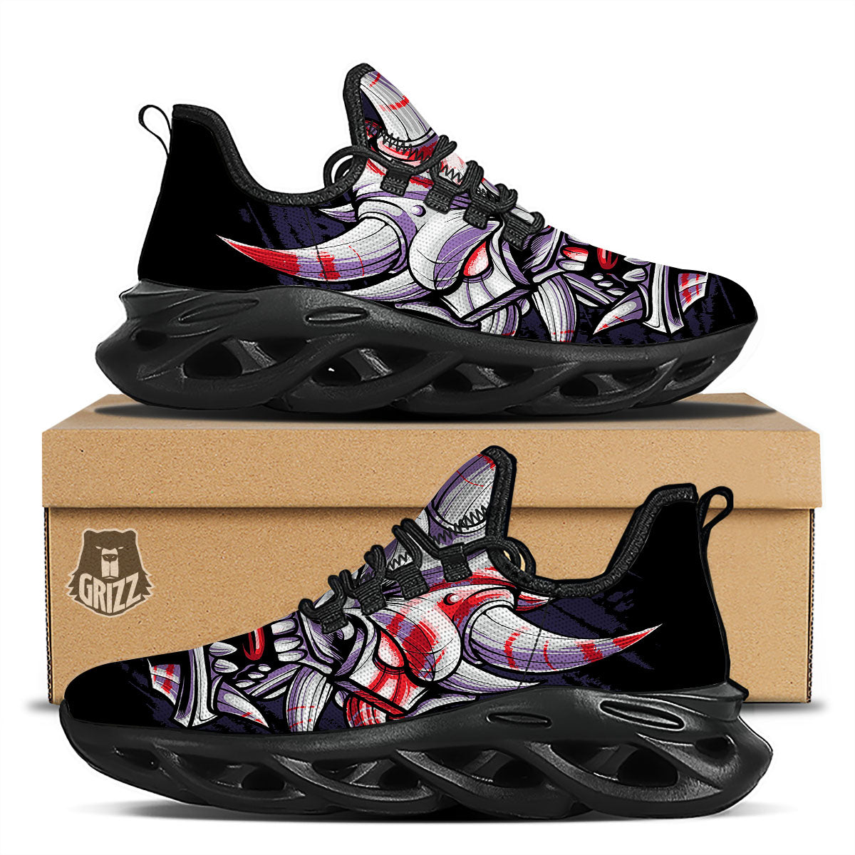 Evil Samurai Mask Print Black Running Shoes