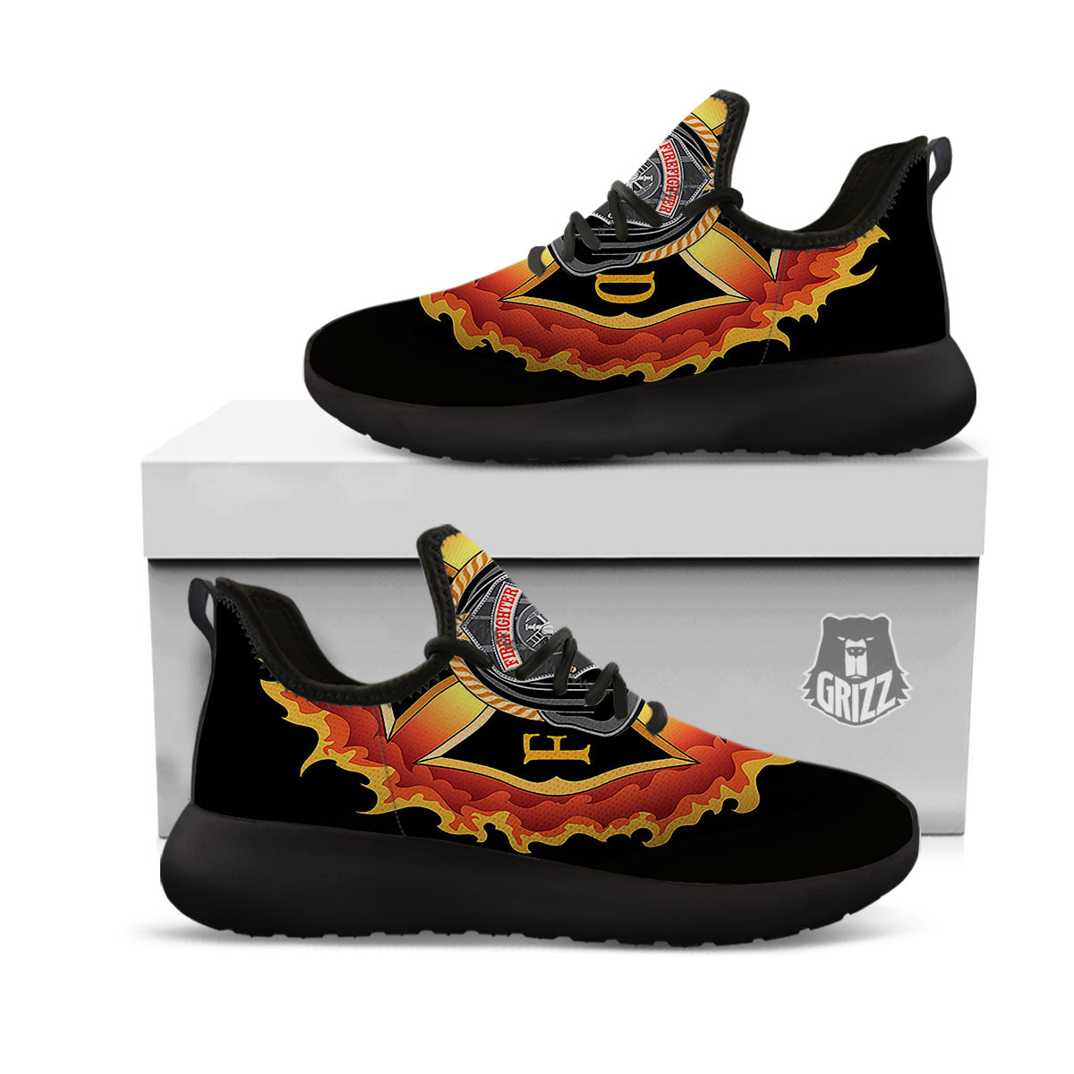 Firefighter Emblem Flaming Print Black Athletic Shoes