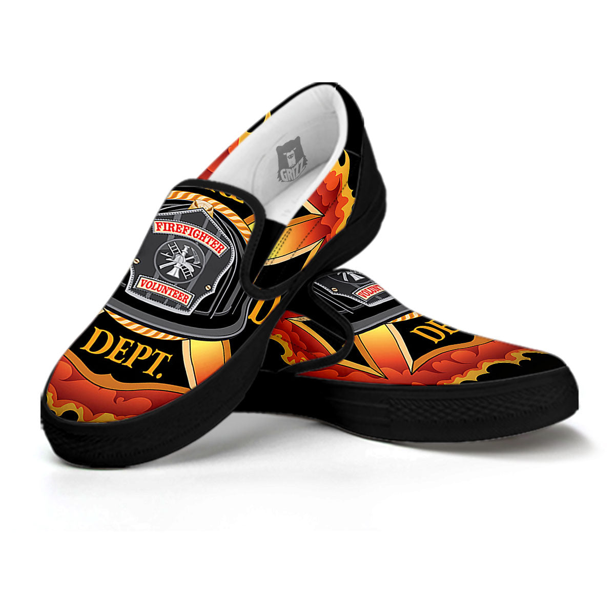 Firefighter Emblem Flaming Print Black Slip On Shoes