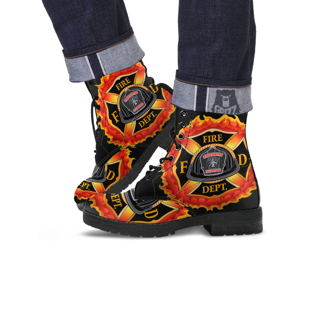 Firefighter Emblem Flaming Print Leather Boots
