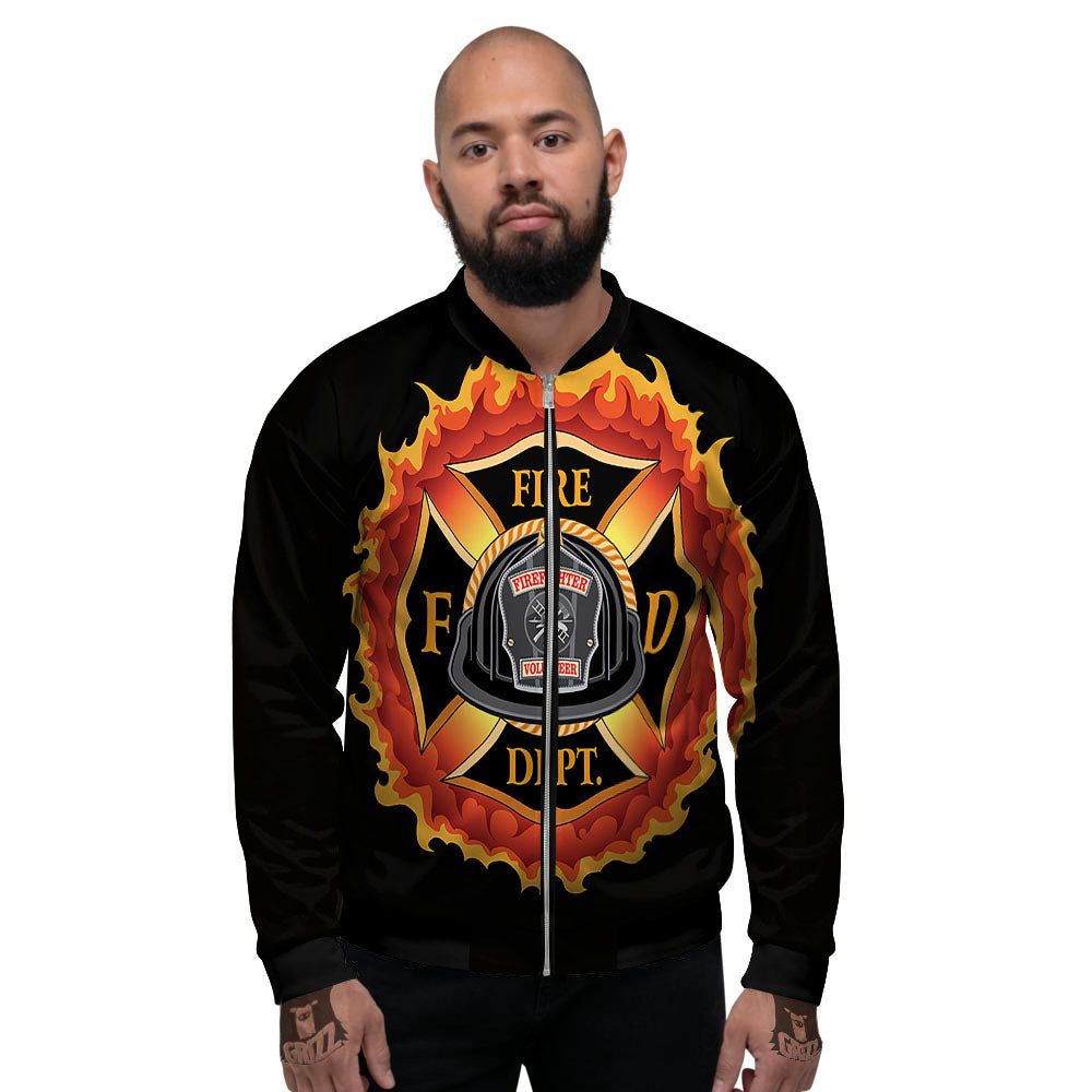 Firefighter Emblem Flaming Print Men's Bomber Jacket