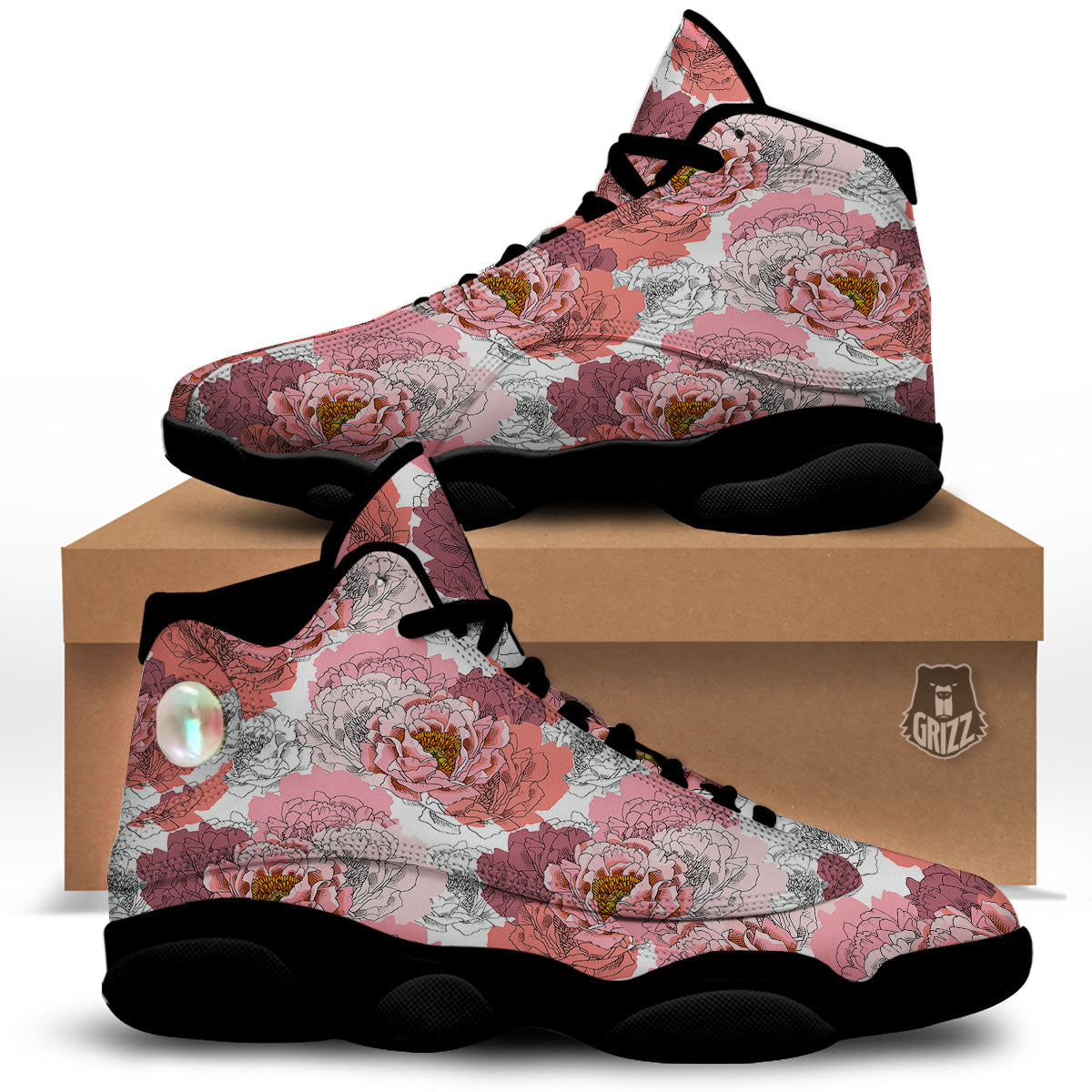 Floral Flower Pink Peony Print Pattern Black Basketball Shoes ...