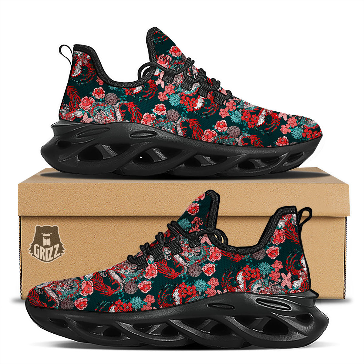Flower Chinese Dragon Print Pattern Black Running Shoes