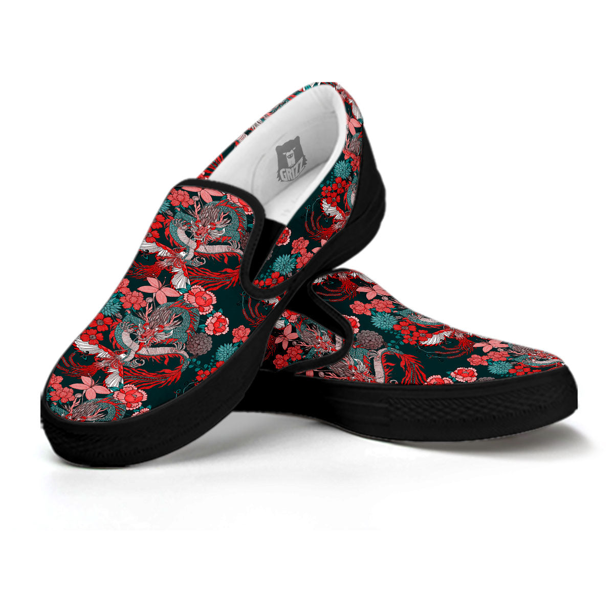Flower Chinese Dragon Print Pattern Black Slip On Shoes