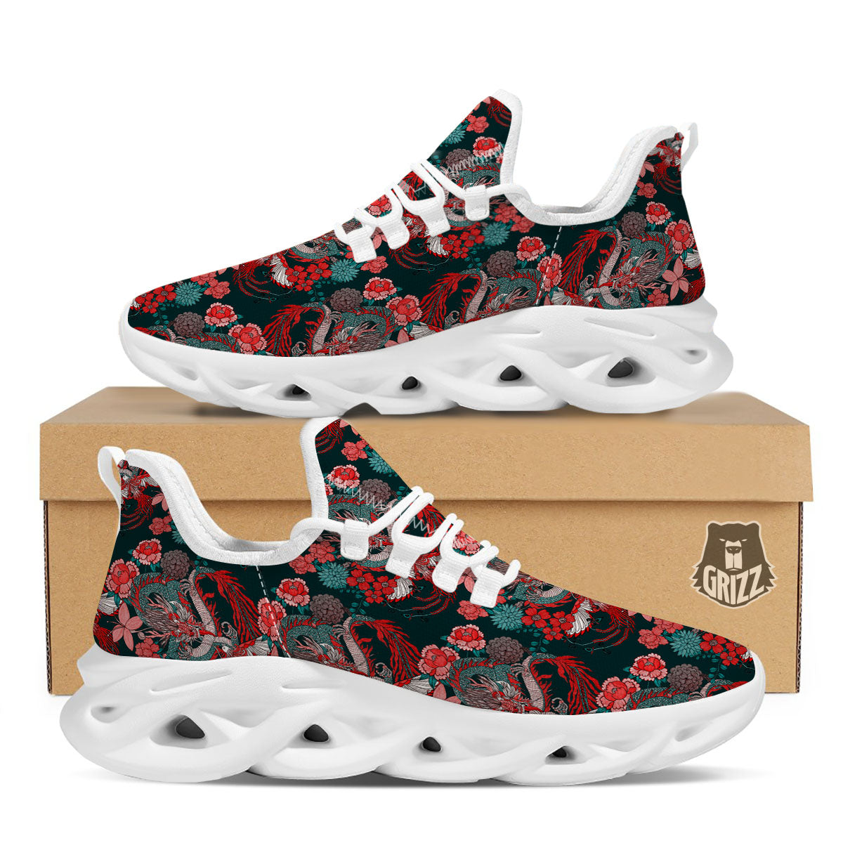 Flower Chinese Dragon Print Pattern White Running Shoes