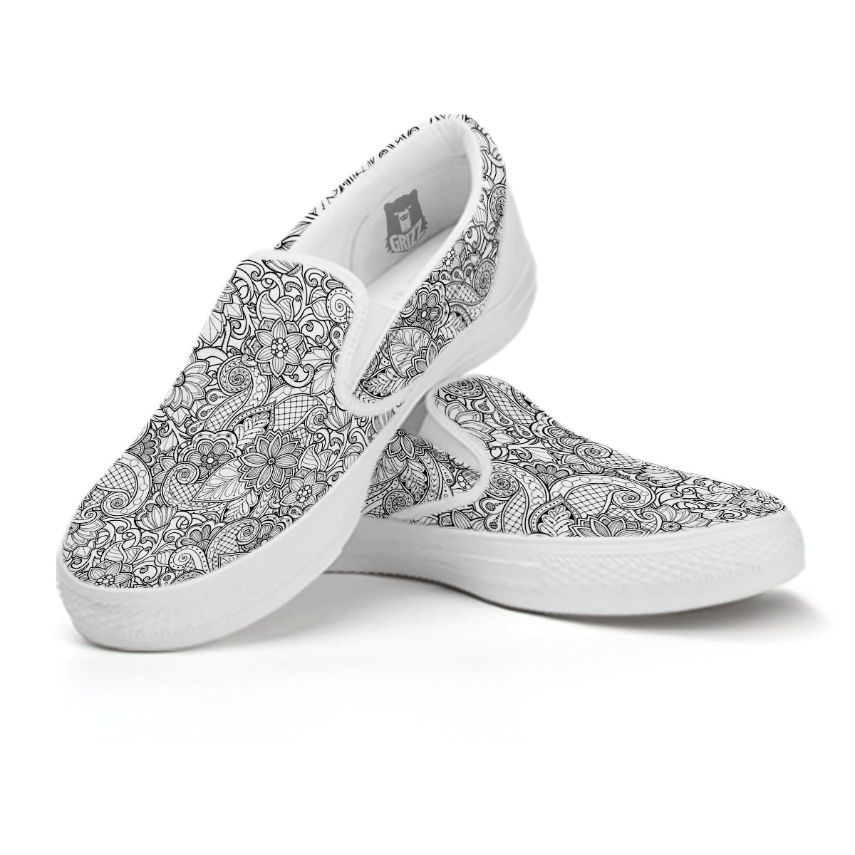 Flower Zentangle Print Pattern White Slip On Shoes