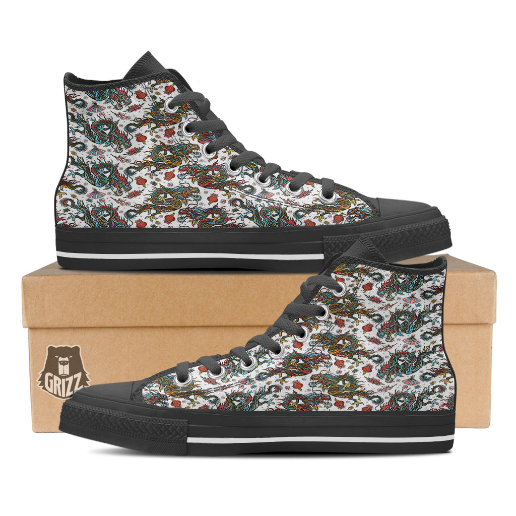 Flying Chinese Dragons Tattoo Print Pattern Black High Top Shoes