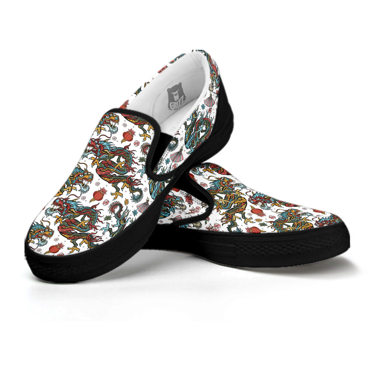 Flying Chinese Dragons Tattoo Print Pattern Black Slip On Shoes