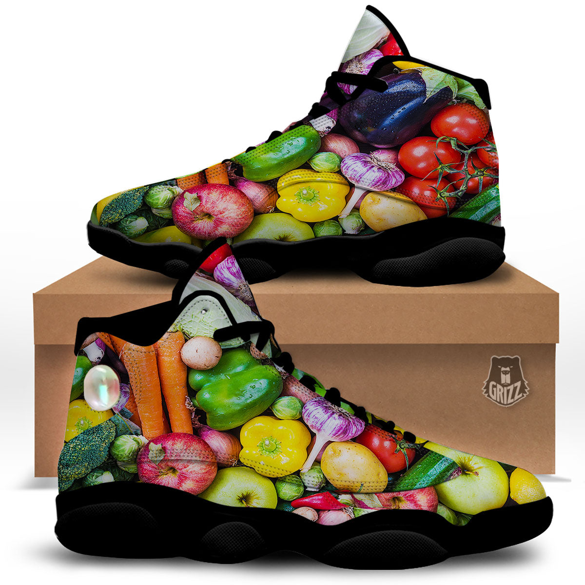 Fresh Green Fruit And Vegetables Print Black Basketball Shoes