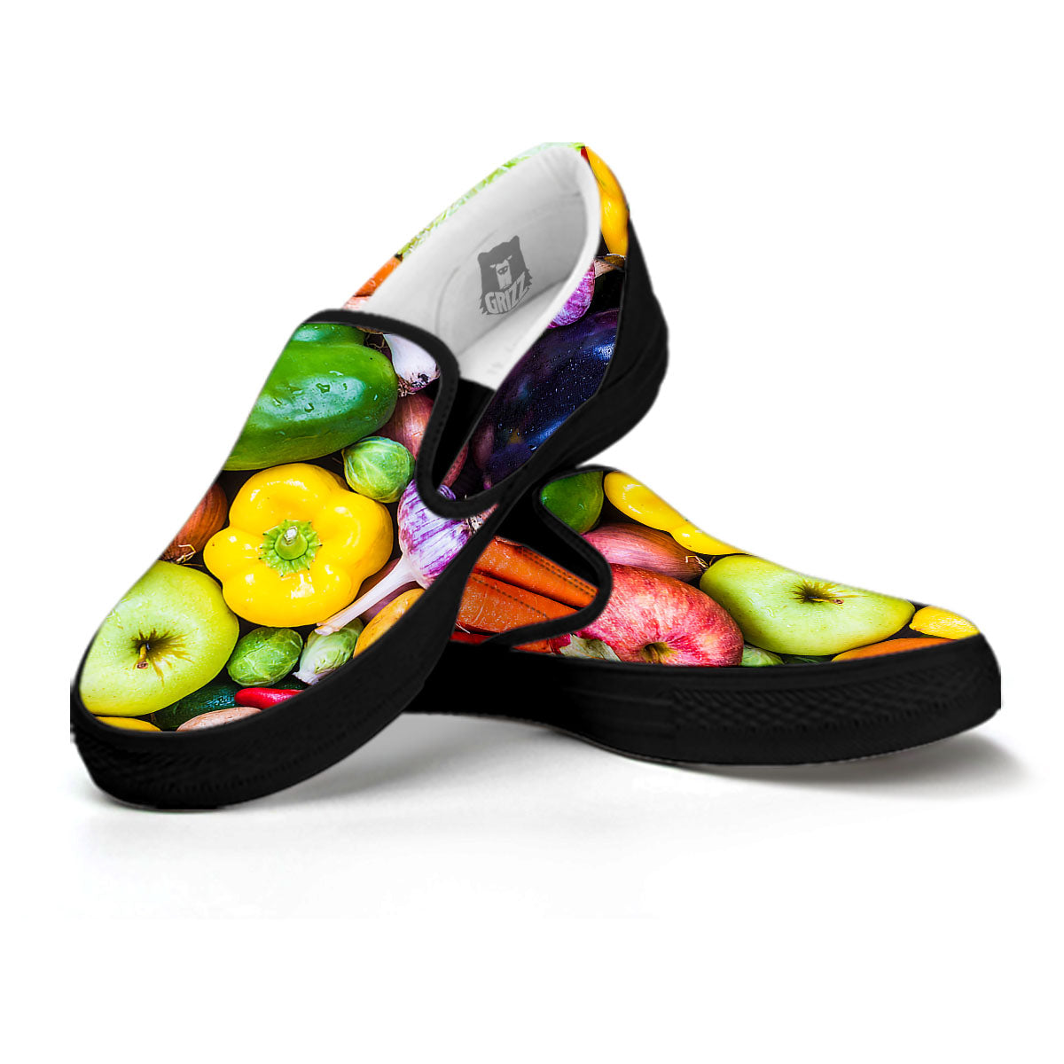 Fresh Green Fruit And Vegetables Print Black Slip On Shoes