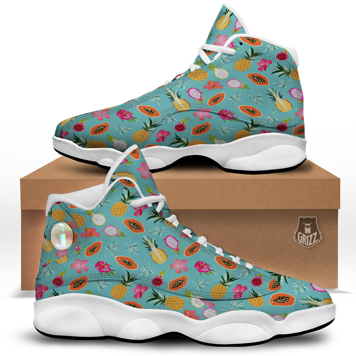 Fruits Turquoise Hawaiian Print Pattern White Basketball Shoes