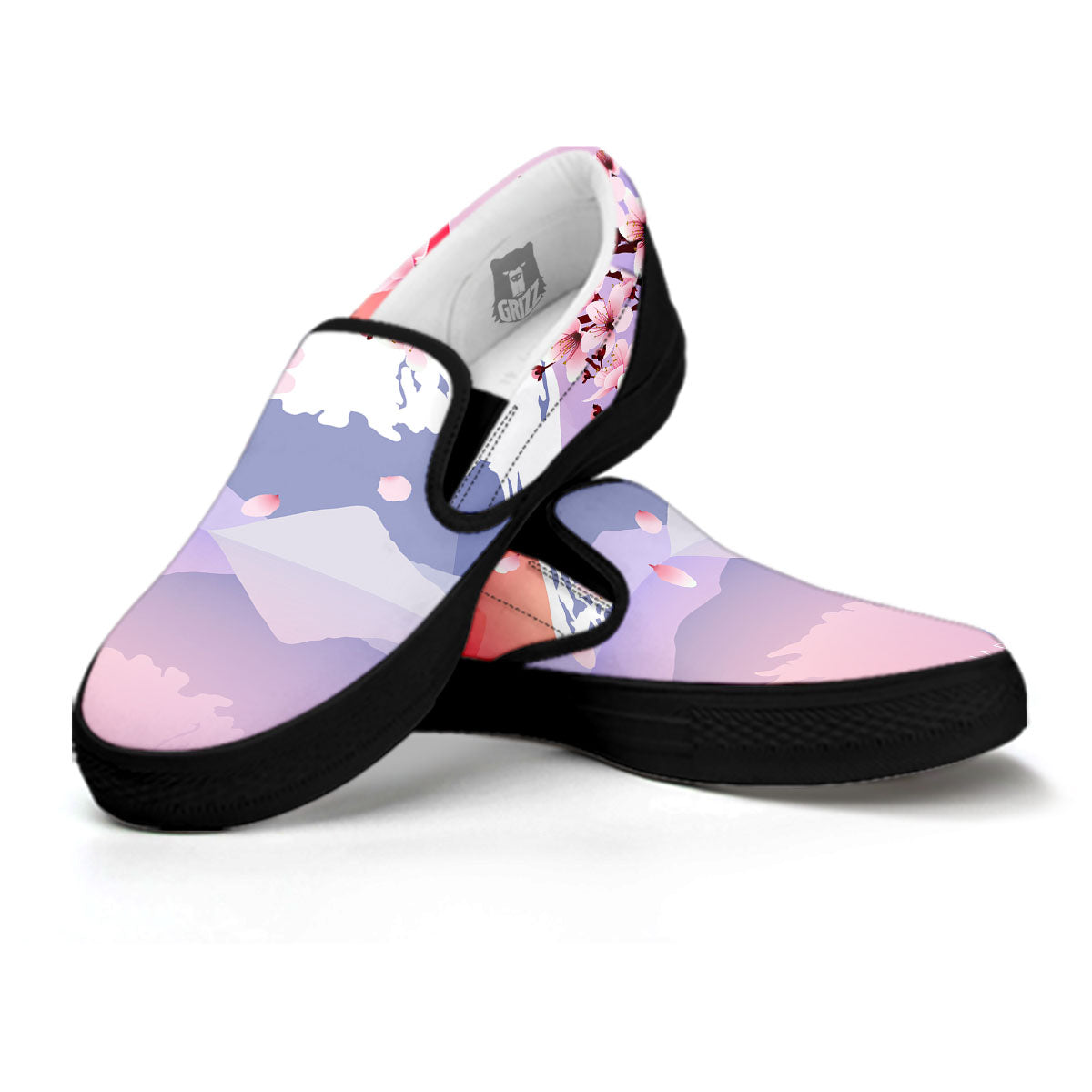 Fuji Mount And Cherry Blossom Print Black Slip On Shoes