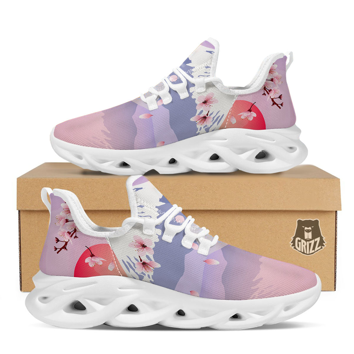 Fuji Mount And Cherry Blossom Print White Running Shoes