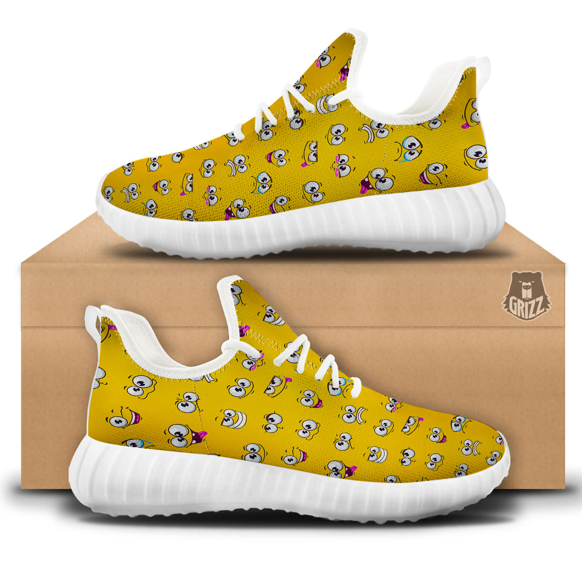 Funny Face Emoji Cartoon Print Pattern White Walking Shoes