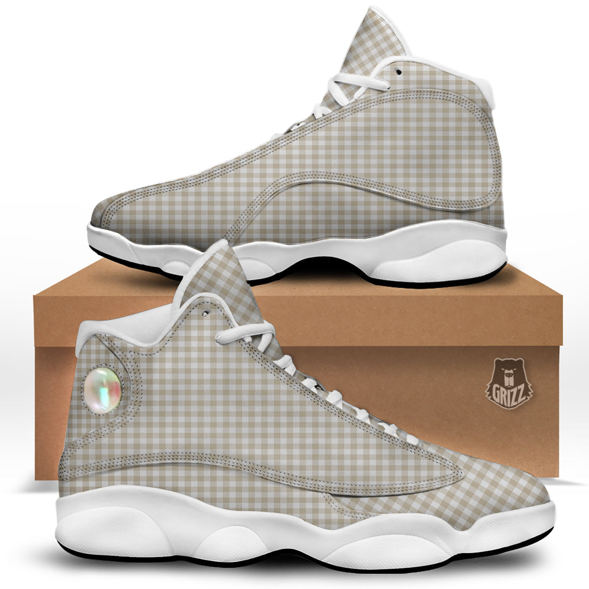 Gingham White And Beige Print Pattern White Basketball Shoes