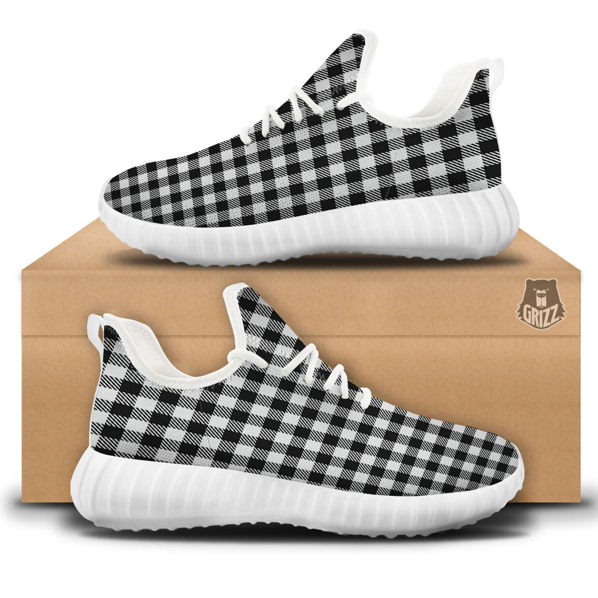 Gingham White And Black Print Pattern White Walking Shoes