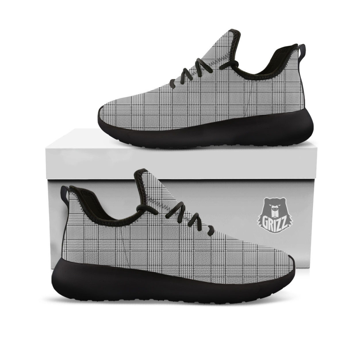 Gingham White And Grey Print Pattern Black Athletic Shoes