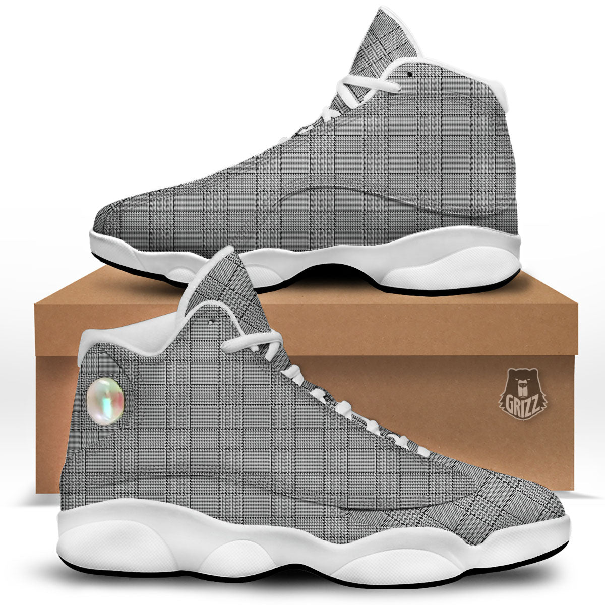 Gingham White And Grey Print Pattern White Basketball Shoes