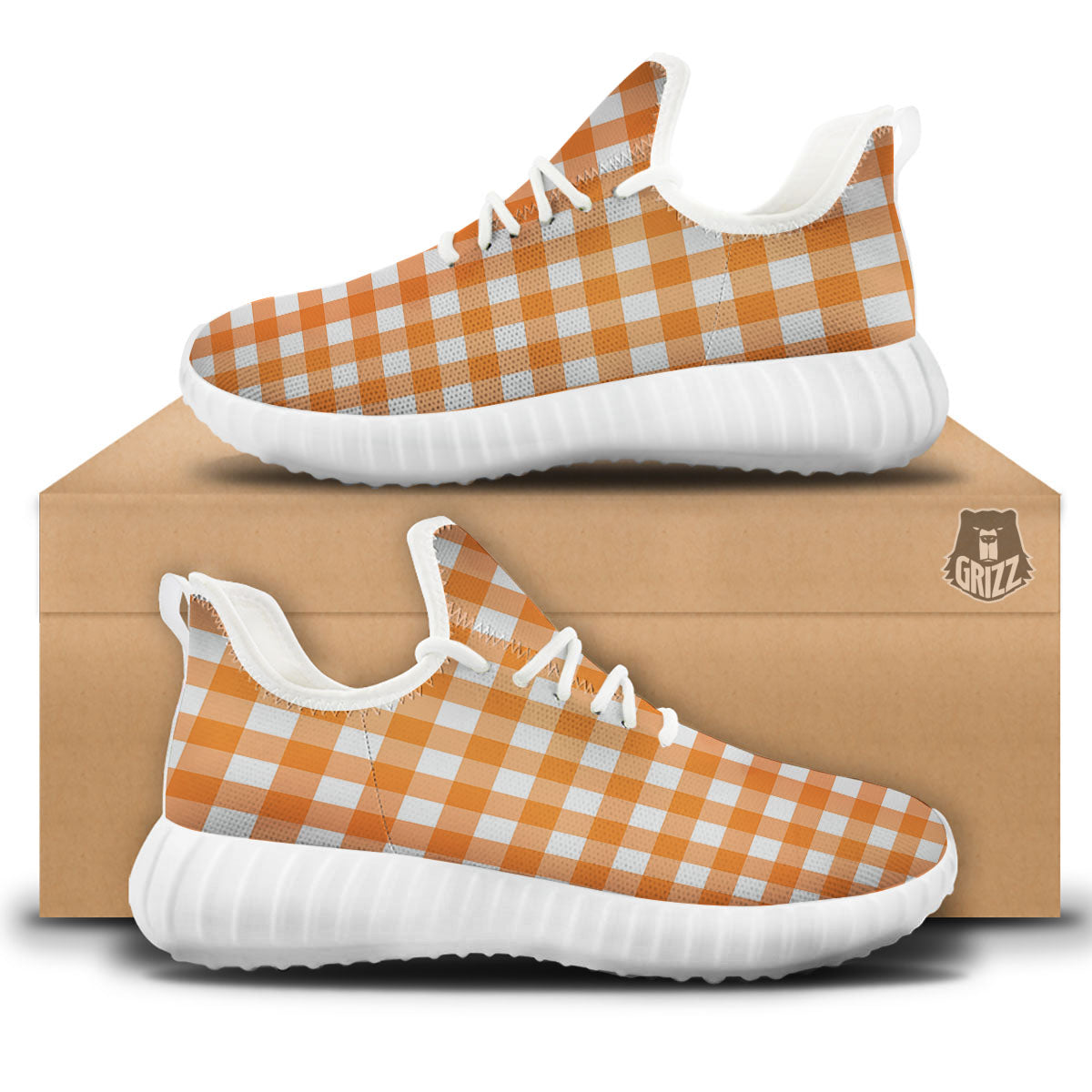 Gingham White And Orange Print Pattern White Walking Shoes