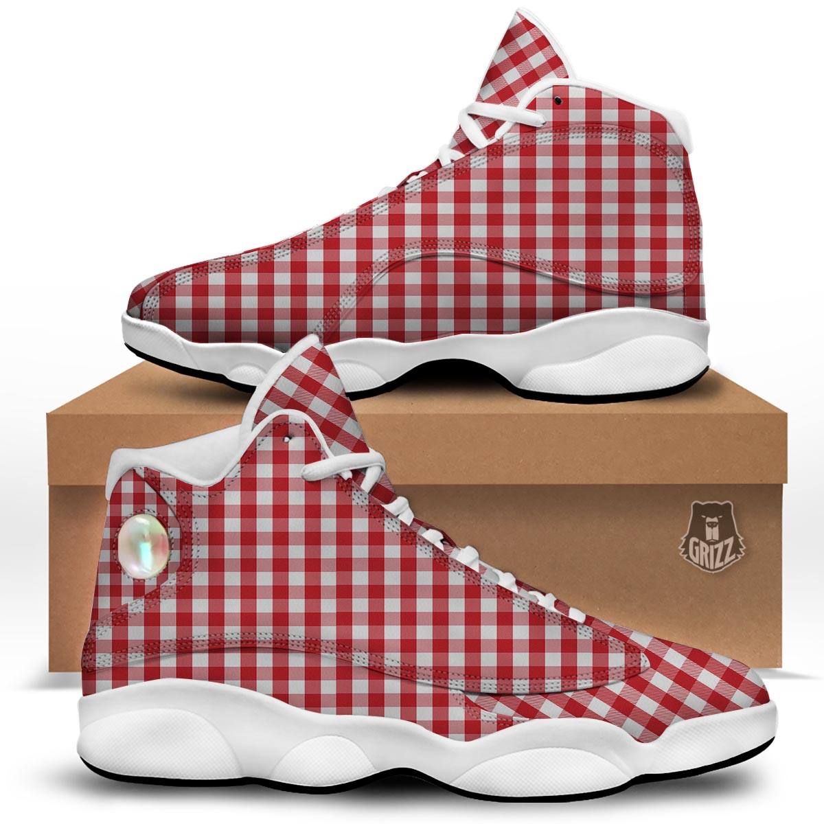 Gingham White And Red Print Pattern White Basketball Shoes