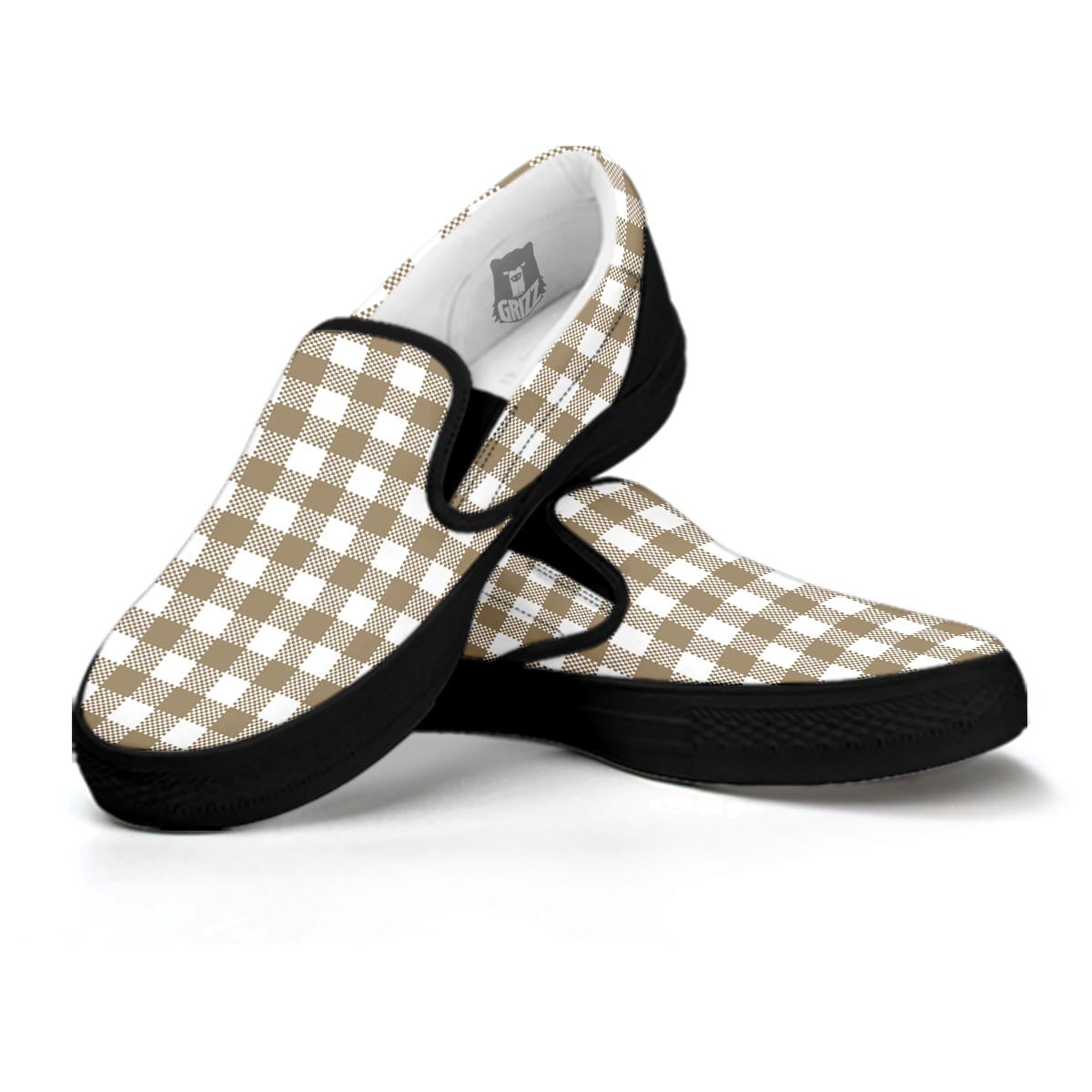 Gingham White And Tan Print Pattern Black Slip On Shoes