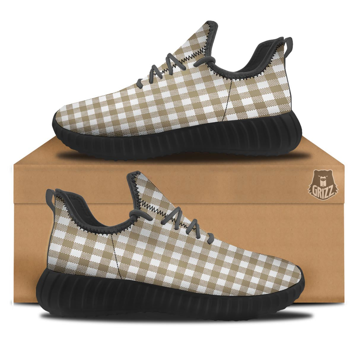 Gingham White And Tan Print Pattern Black Walking Shoes