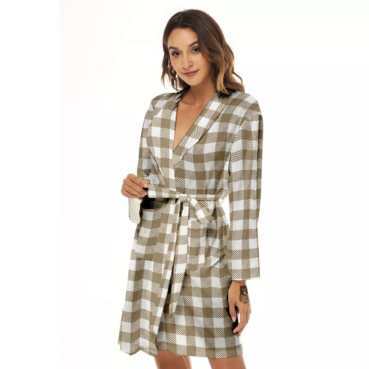 Gingham White And Tan Print Pattern Women's Robe