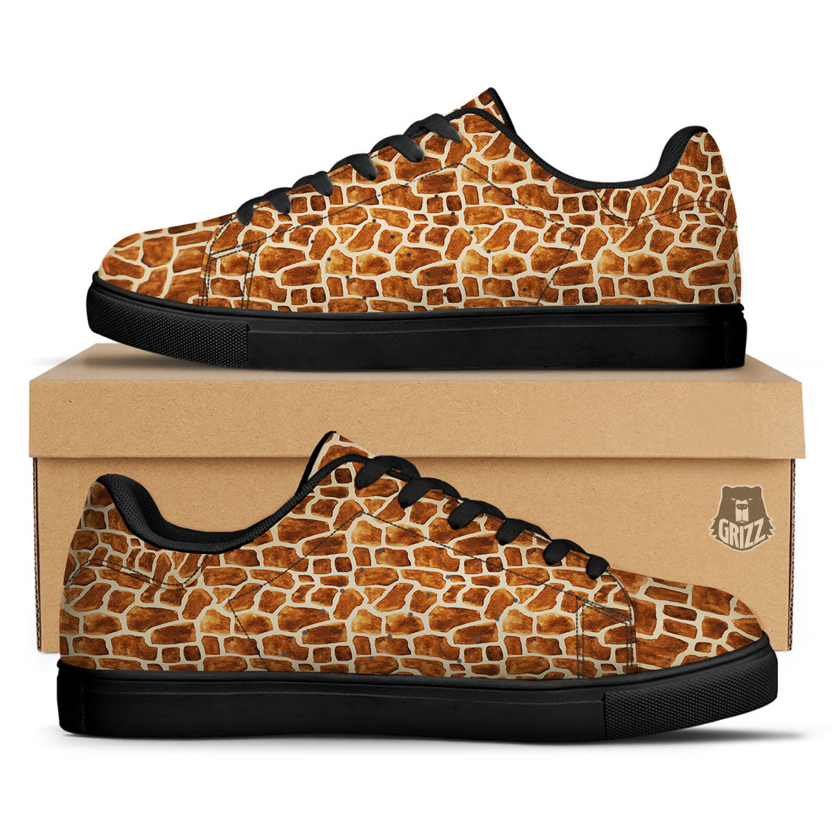 Giraffe Brown Watercolor Print Pattern Black Low Top Sneakers