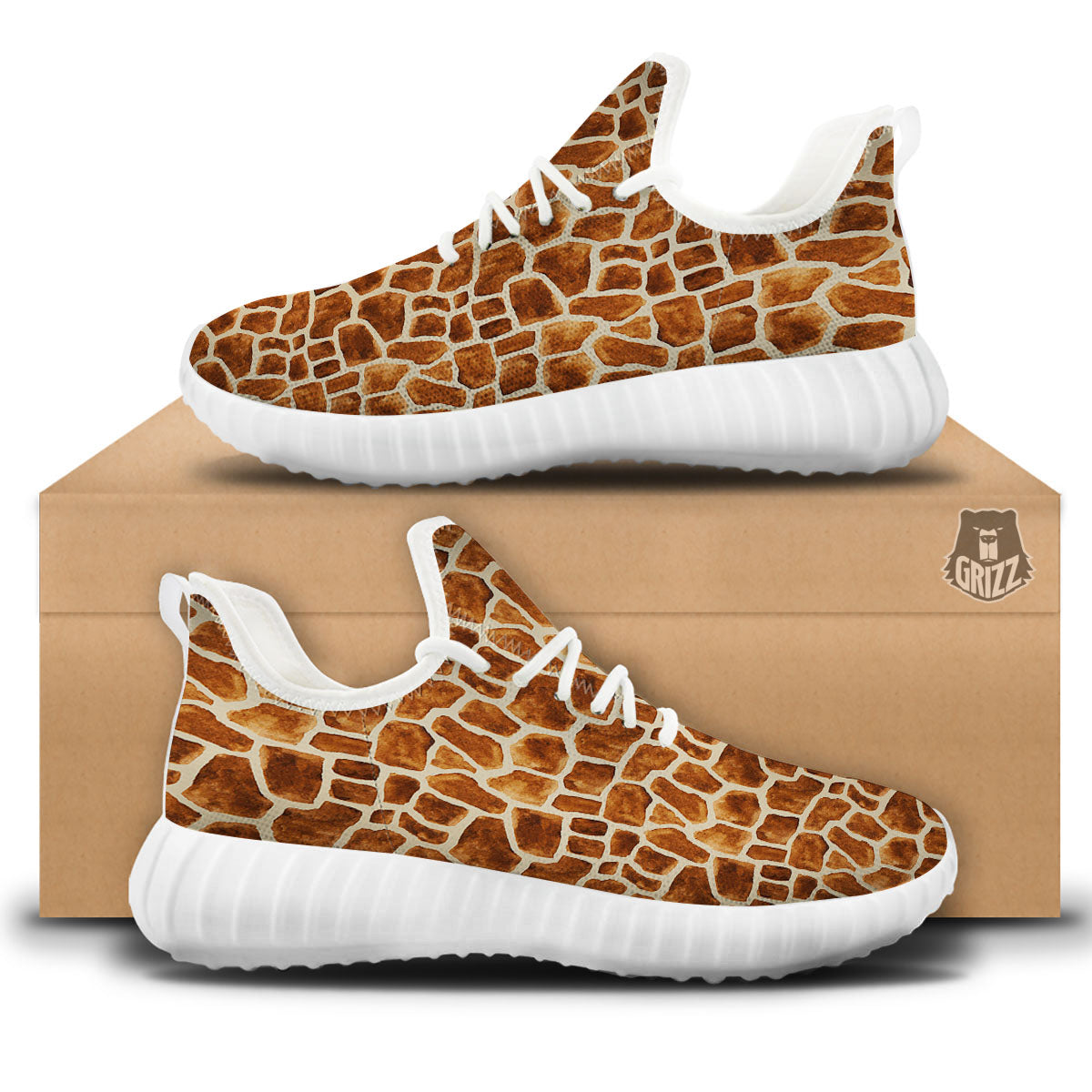 Giraffe Brown Watercolor Print Pattern White Walking Shoes