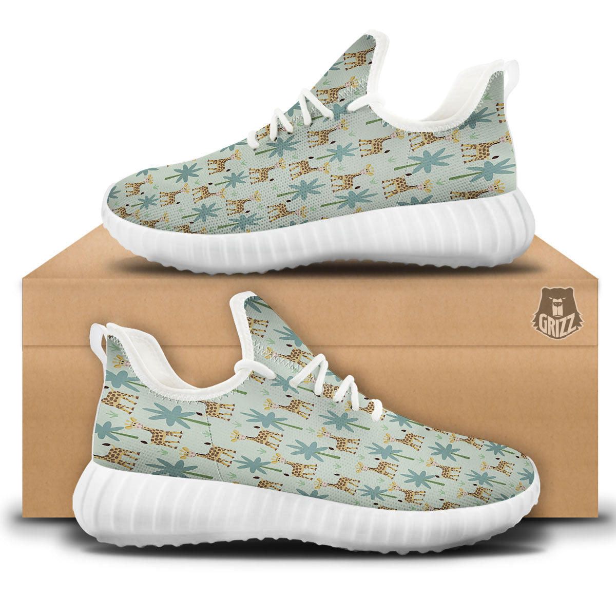 Giraffe Cartoon Print Pattern White Walking Shoes