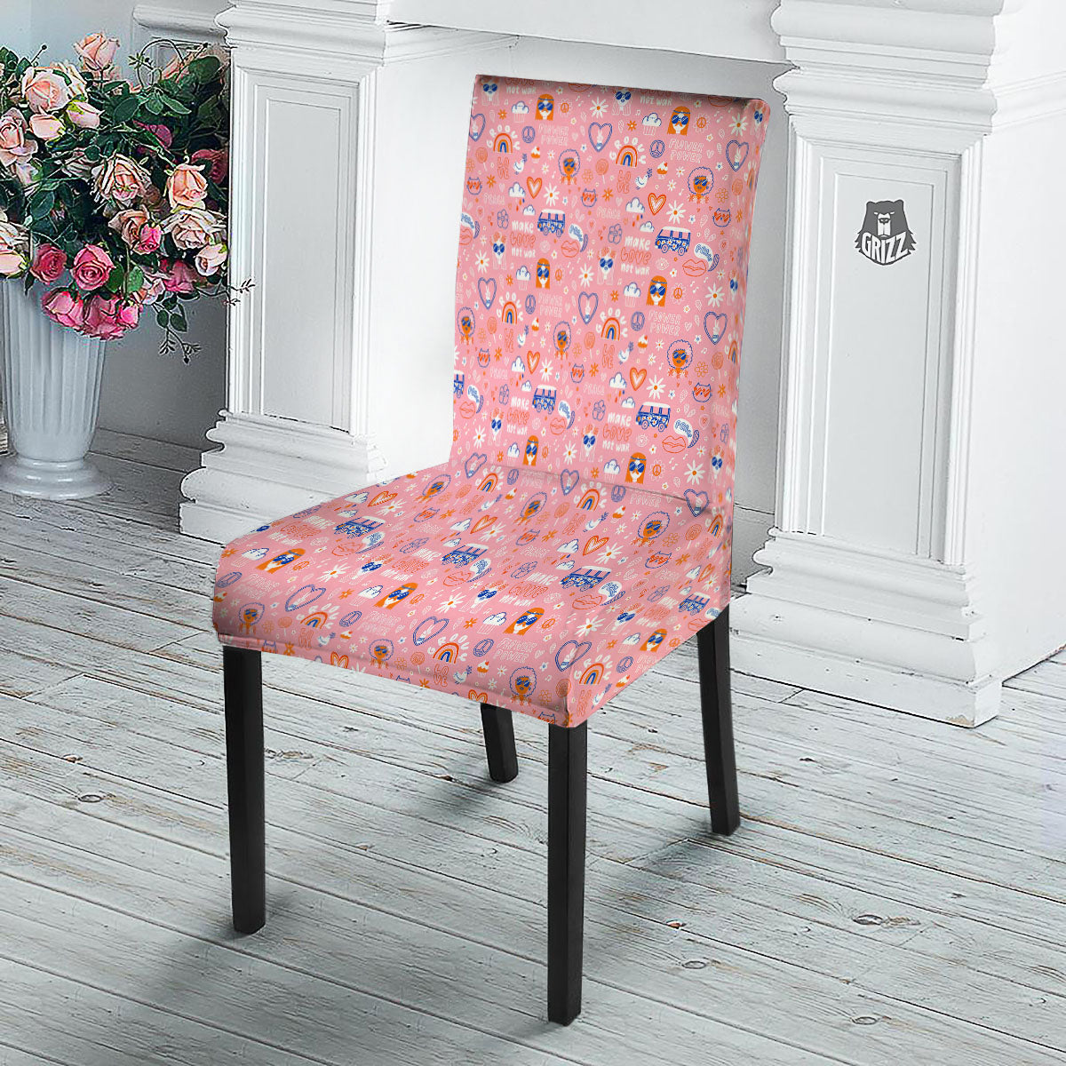 Girly Love And Peace Sign Print Pattern Dining Chair Slipcover