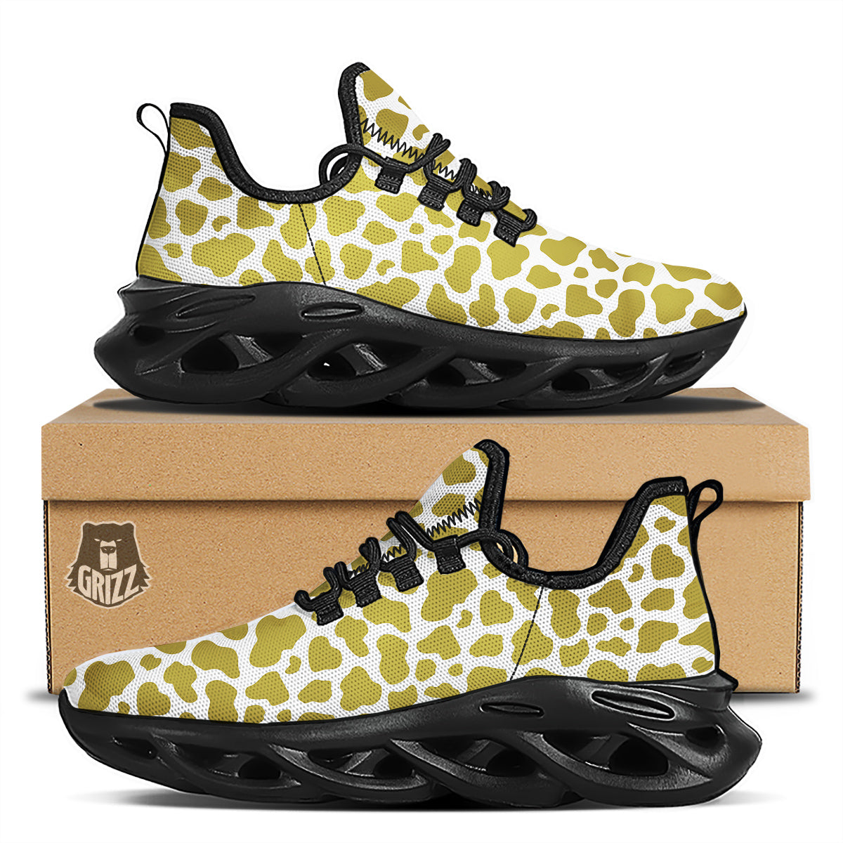 Gold Cow Print Pattern Black Running Shoes