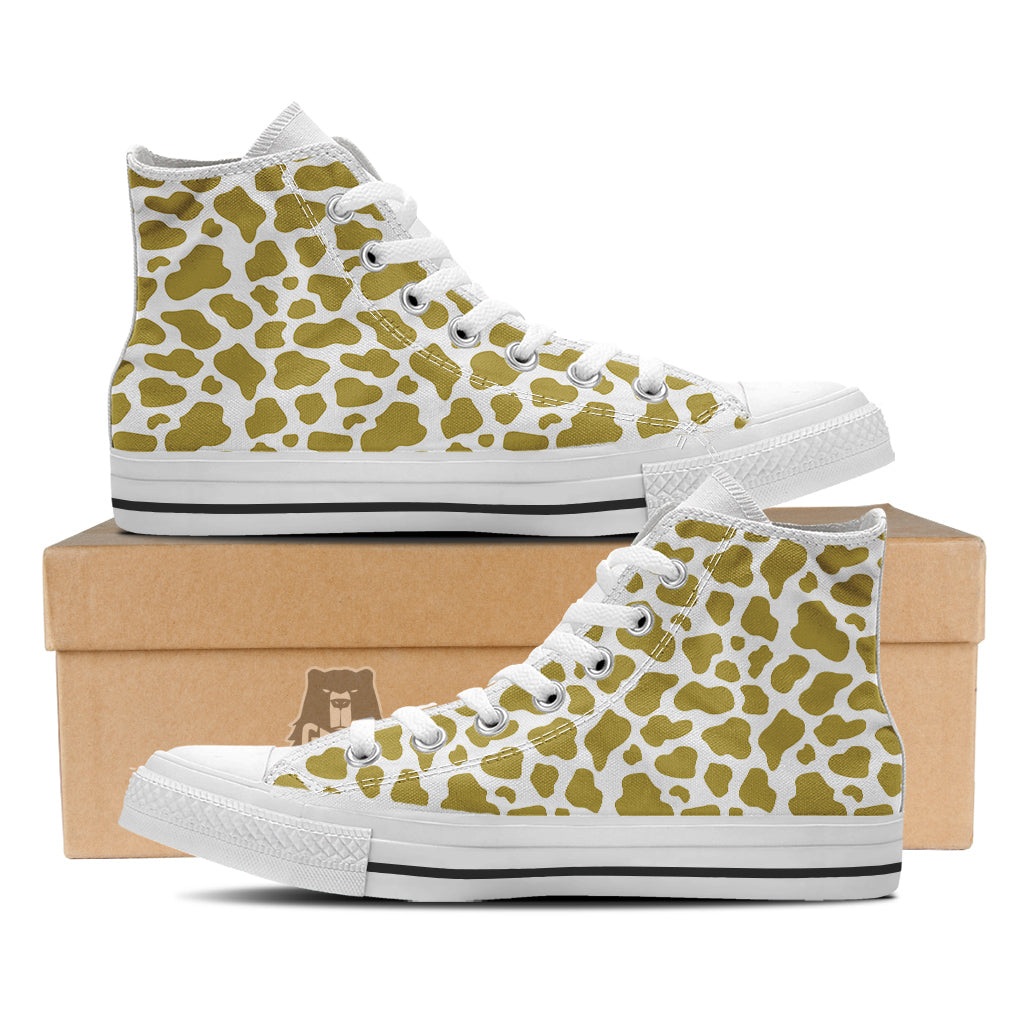 Gold Cow Print Pattern White High Top Shoes
