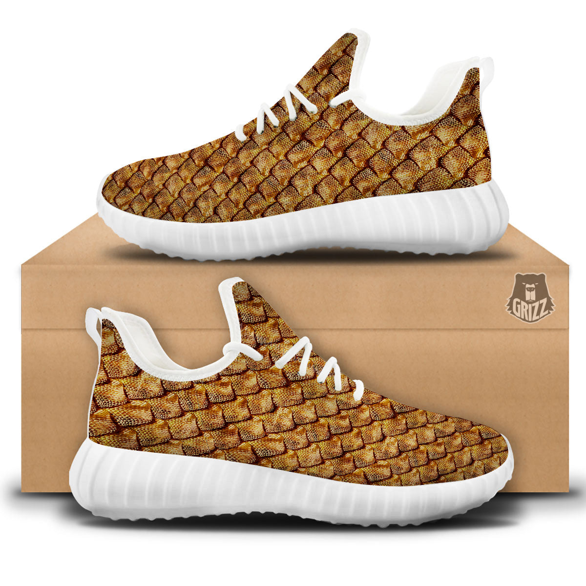 Gold Dragons Skin 3D Print Pattern White Walking Shoes