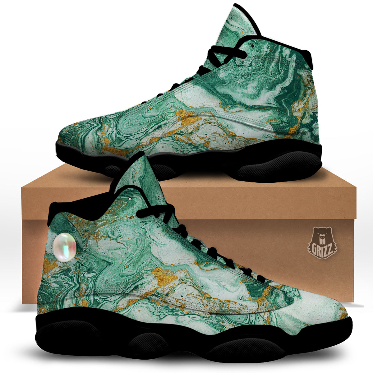 Golden And Green Marble Textue Print Black Basketball Shoes