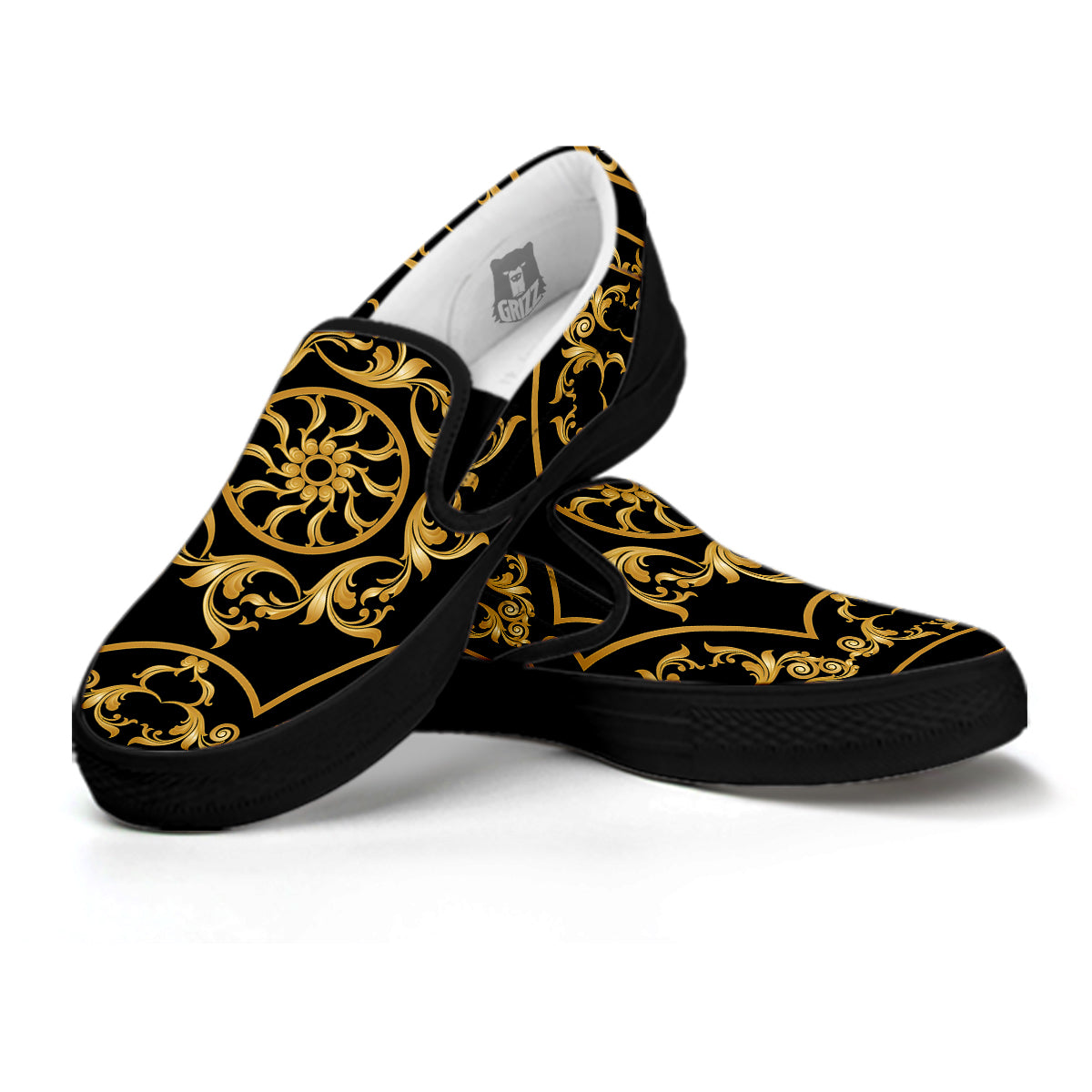 Golden Floral Baroque Print Black Slip On Shoes
