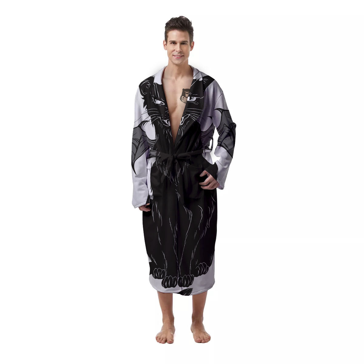 Gothic Wiccan Cat White And Black Print Men's Robe