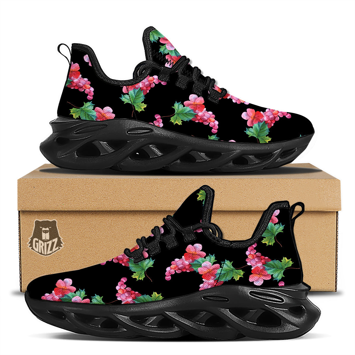 Grapes Purple Watercolor Print Pattern Black Running Shoes