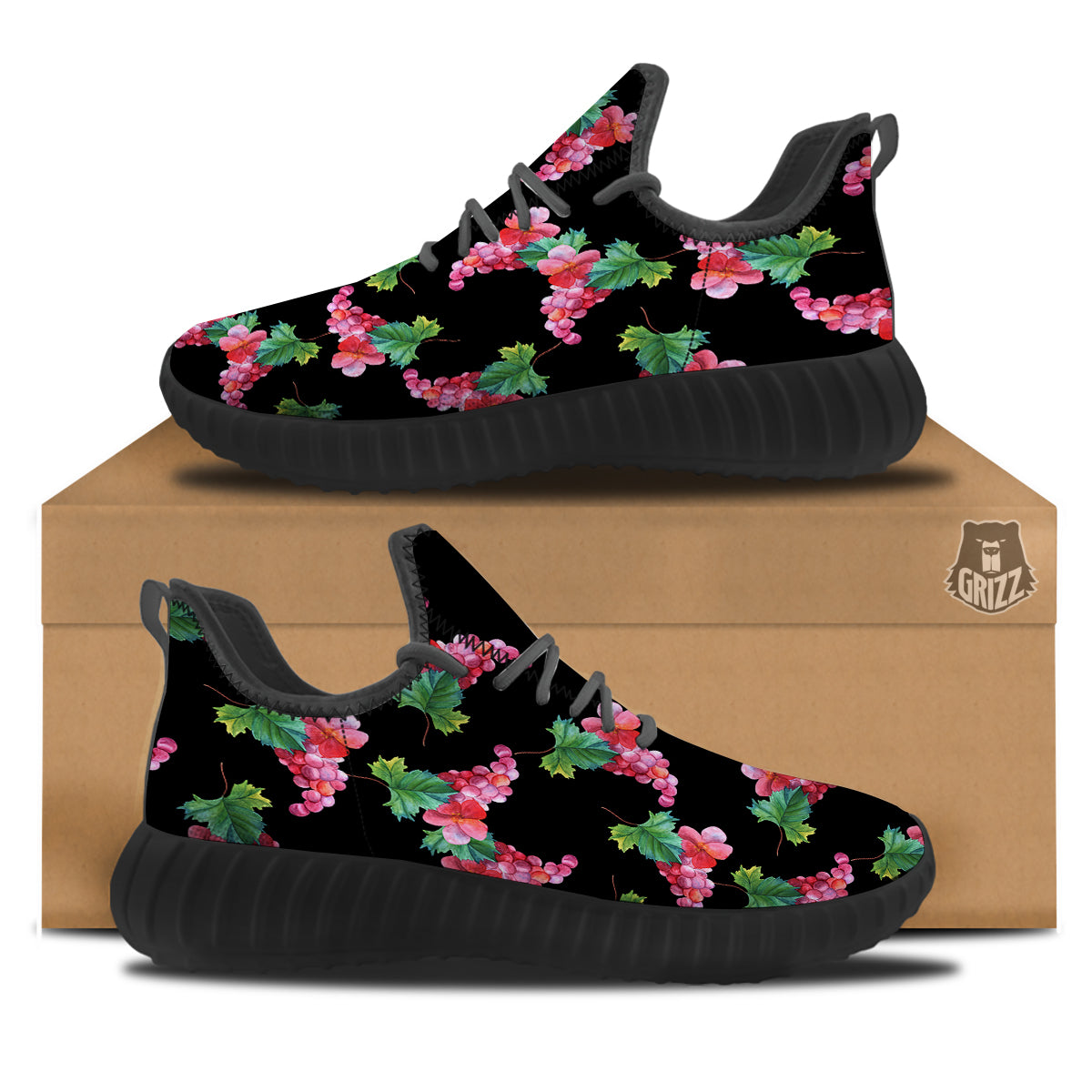 Grapes Purple Watercolor Print Pattern Black Walking Shoes