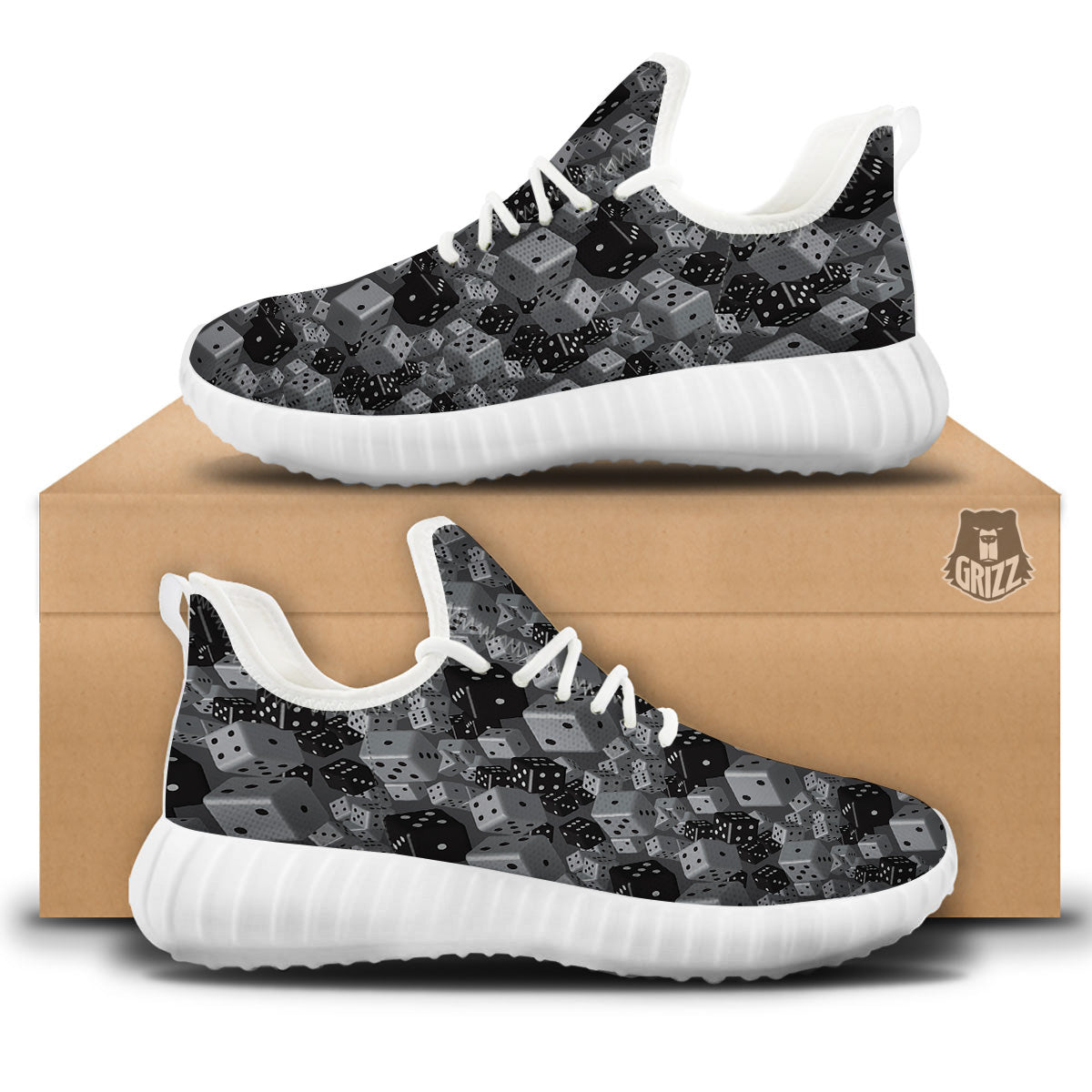 Gray Black 3D Dice Print Pattern White Walking Shoes