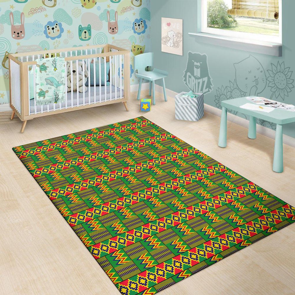 Green African Kente Print Pattern Floor Mat