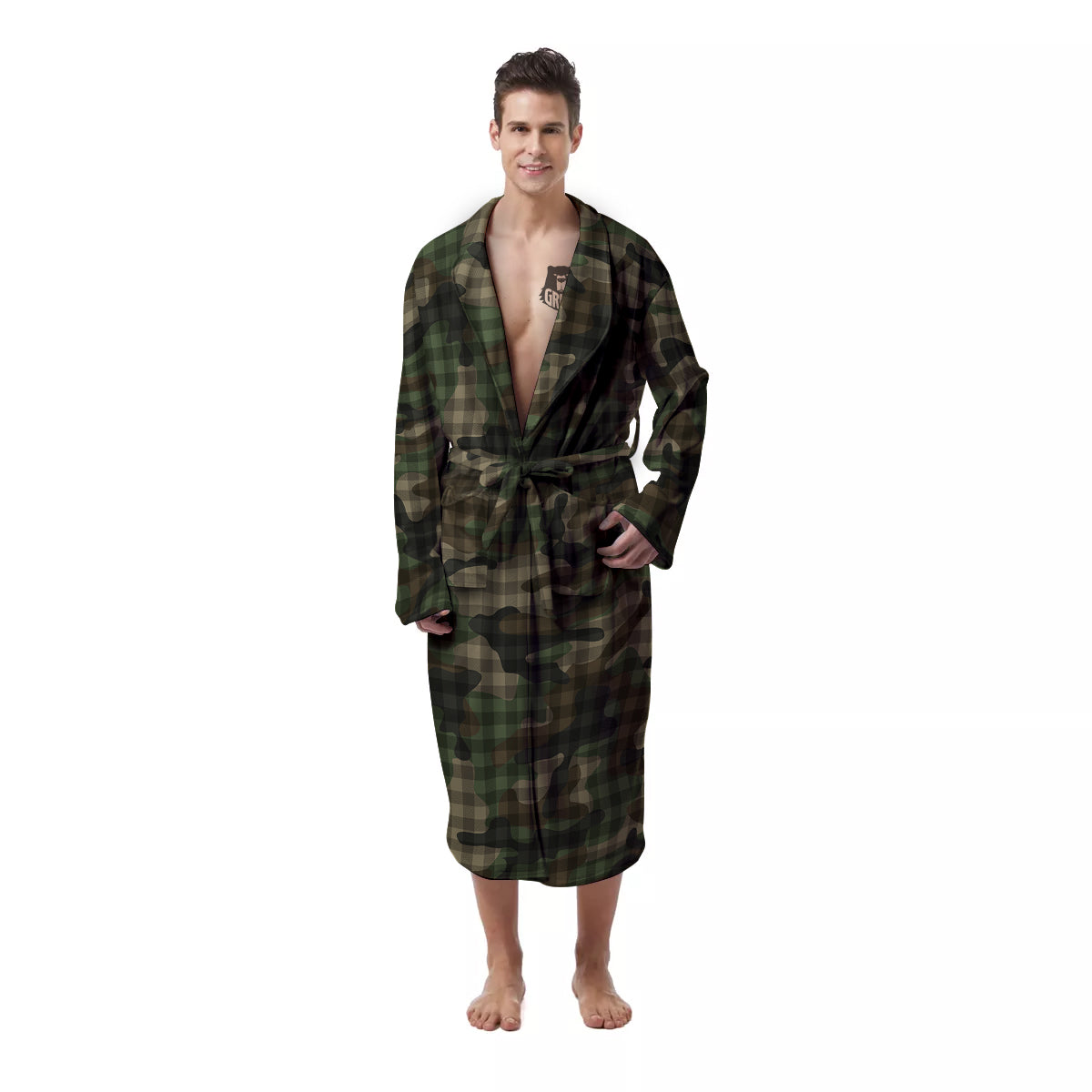 Green Camouflage Army Plaid Print Pattern Men's Robe