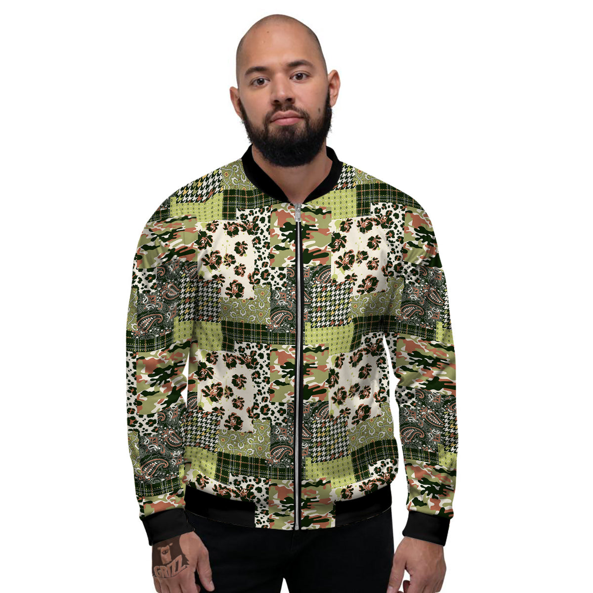 Green Camouflage Tartan Paisley Patchwork Print Pattern Men's Bomber J