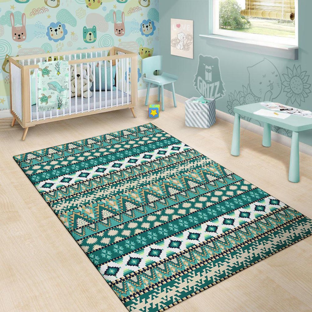 Green Indian Tribal Native Print Pattern Floor Mat