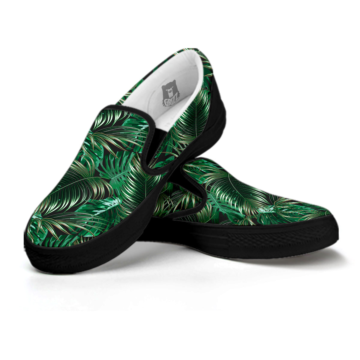 Green Leaves Tropical Print Pattern Black Slip On Shoes