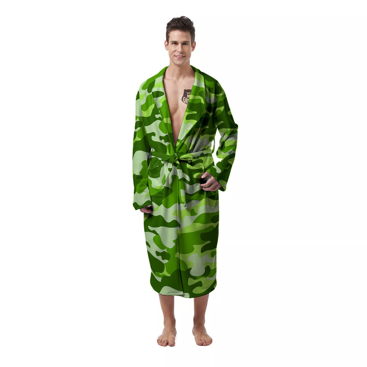 Green Neon Camo And Camouflage Print Men's Robe
